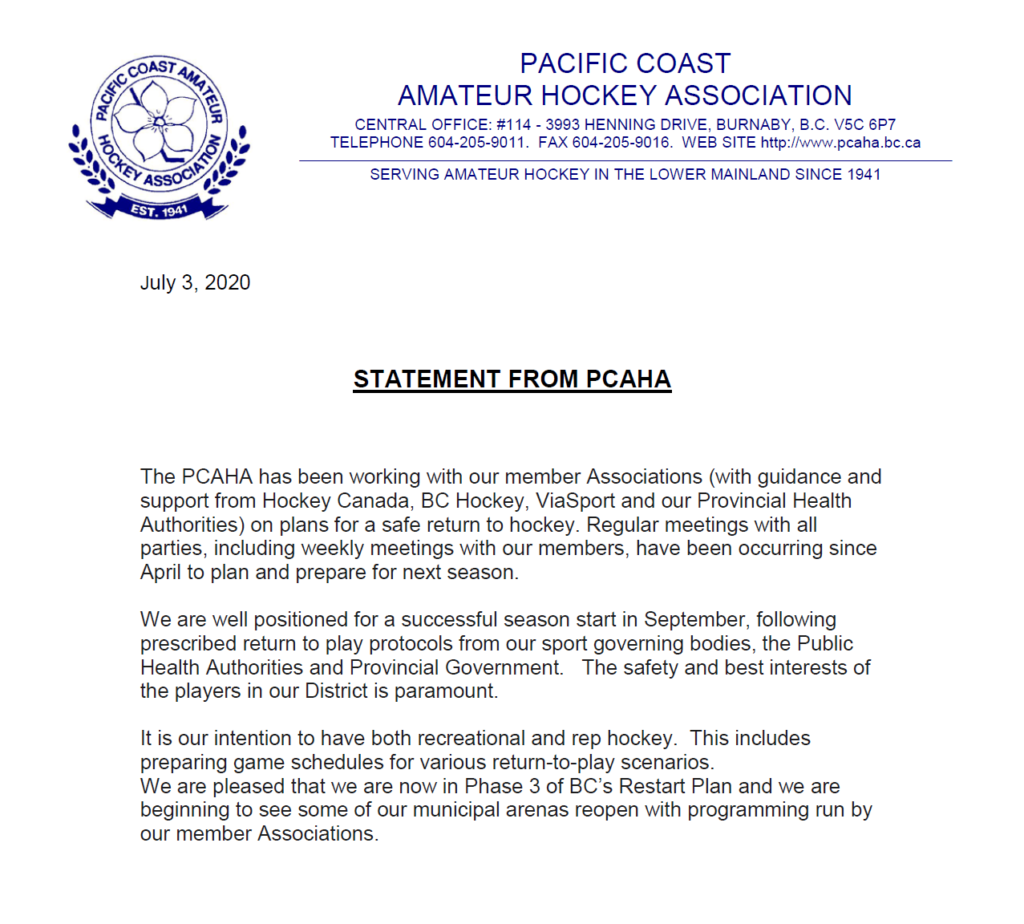 Statement from PCAHA – July 3rd, 2020 – Tri Cities Female Ice Hockey